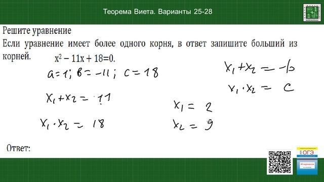 Решение приведённых квадратных уравнений с помощью теоремы Виета