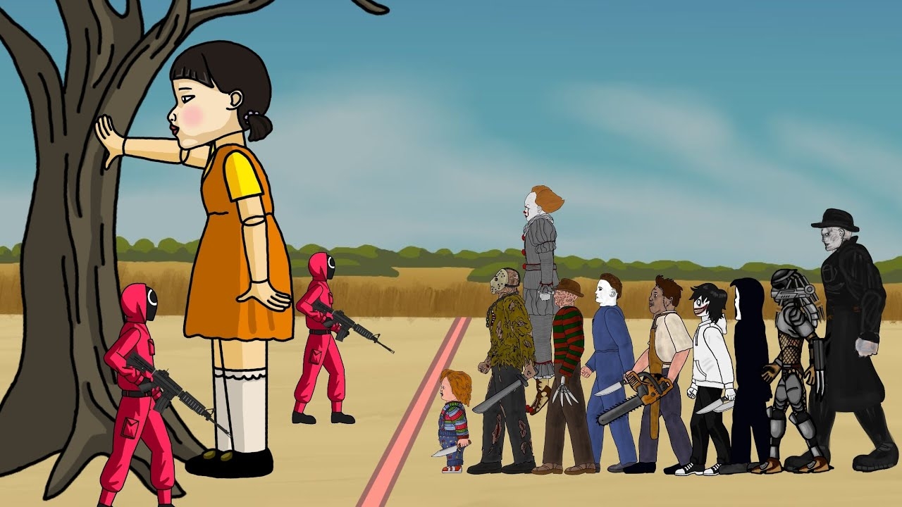 Squid game против Джейсона, Майкла, Фредди, Оно, Чаки, Кожаного лица, Хищника, Джеффа,Крика,Мистер Х