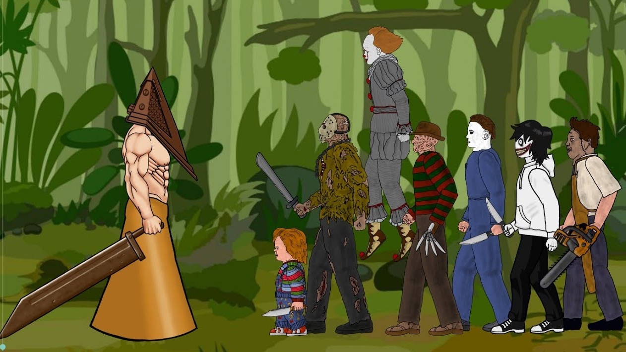 Пирамидоголовый против Джейсона, Оно Пеннивайза, Фредди, Майкла Майерса, Кожаного лица, Чаки, Джеффа