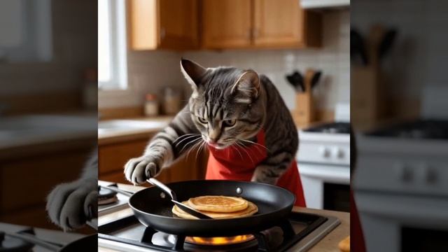 Котик печёт блины и кушает со сметаной