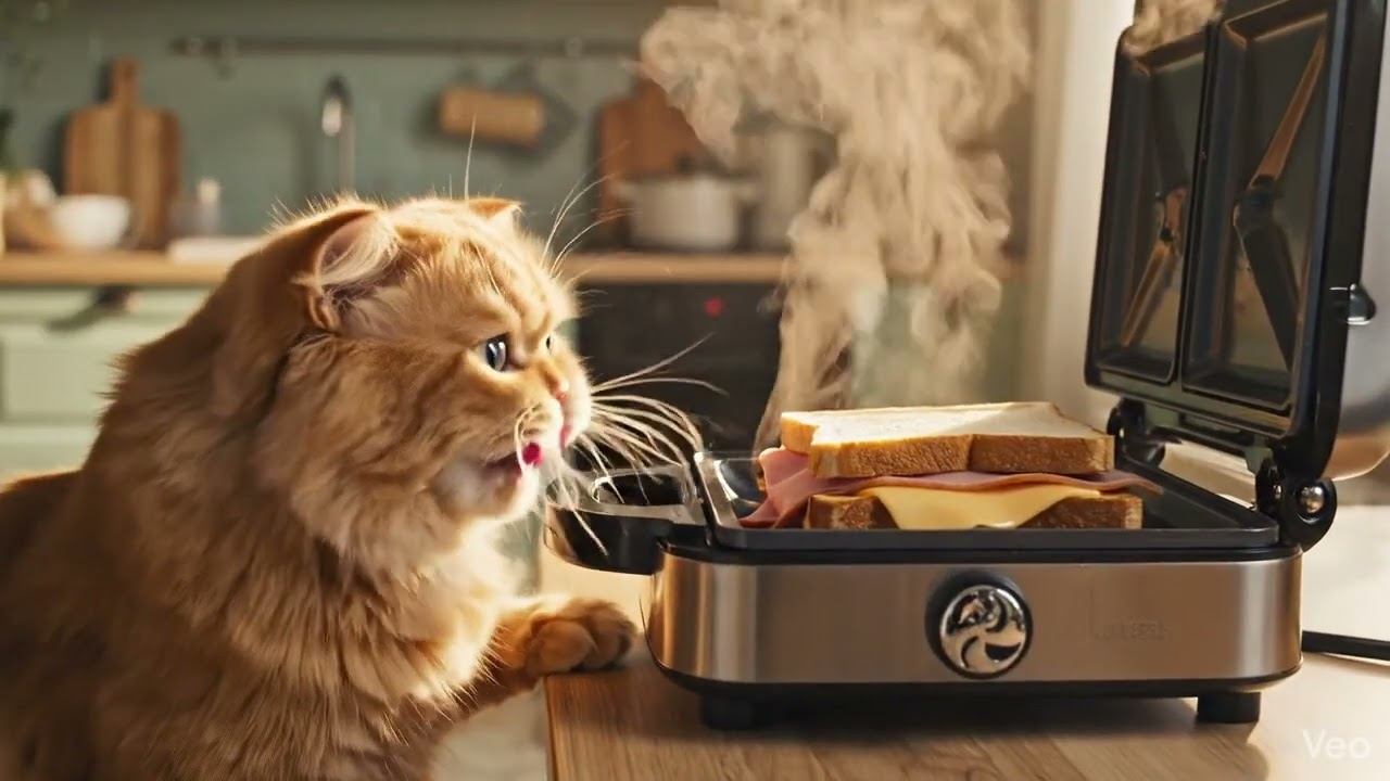 Cat Makes Sandwich In Kitchen