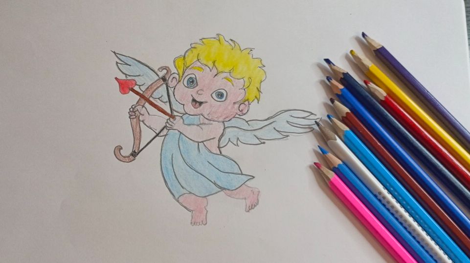 Как нарисовать Купидона с луком и стрелой цветными карандашами поэтапно. Рисуем Купидона
