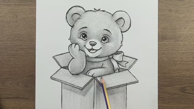 Как нарисовать милого плюшевого мишку в коробке карандашом шаг за шагом