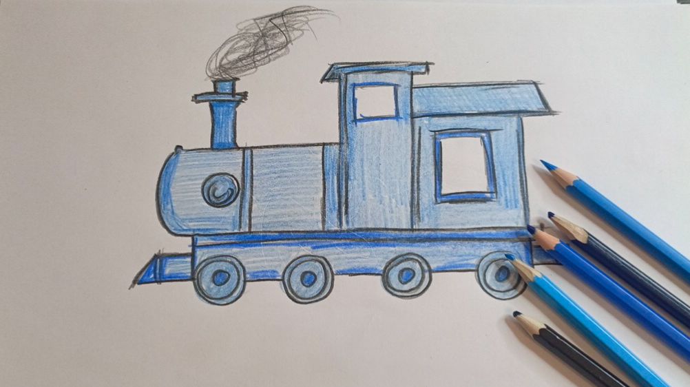 Как нарисовать Синий Поезд или Паровоз цветными карандашами поэтапно. Рисуем Синий Поезд