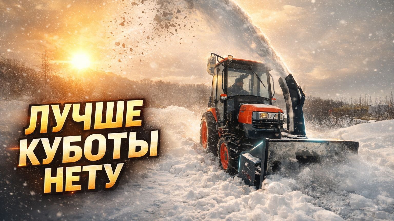 Трактор дизельный Kubota L3408 4WD с РОТОРНЫМ СНЕГОУБОРЩИКОМ убирает снег.