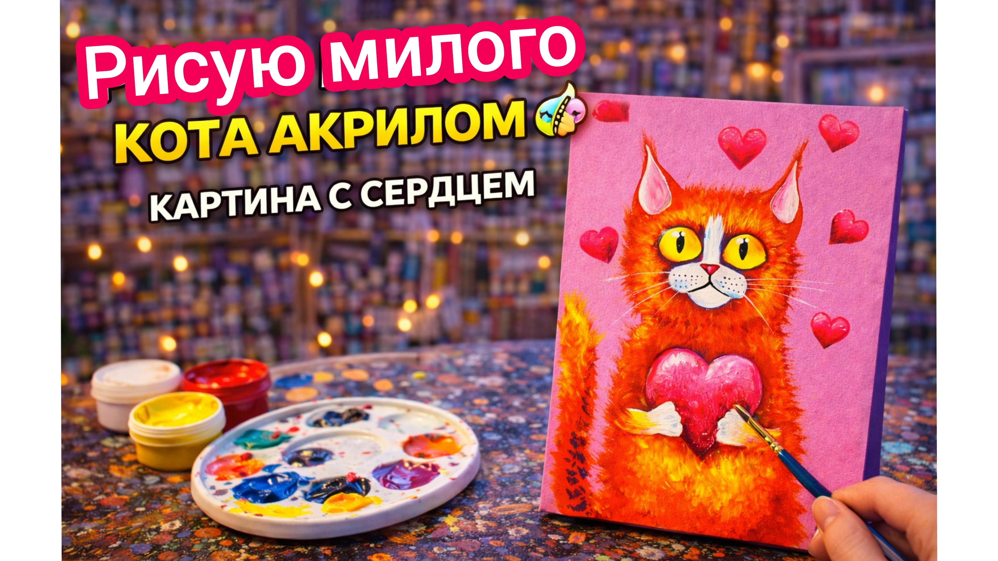 Рисунок кота с сердцем акриловыми красками 💗💗💗