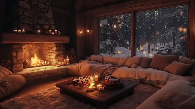 Фоновая музыка для настроения, души и тела, камин уютная терасса снег за окном. winter music relax