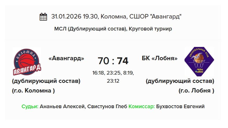 КОЛОМНА-ЛОБНЯ  70:74 31.01.2026 МСЛ (Коломна) https://mofb.russiabasket.ru/games/951677