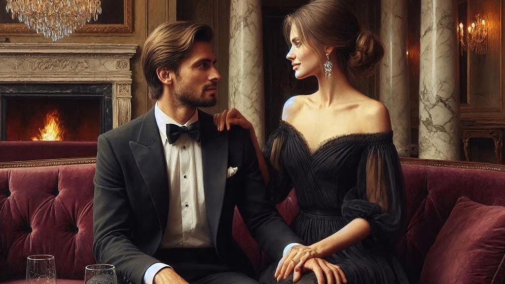 Он и она в богатом доме, романтическая сцена, шампанское...