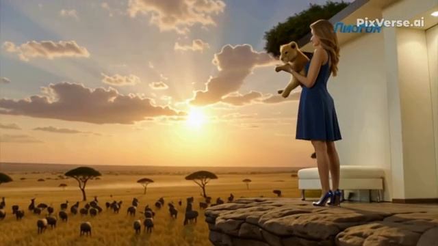 Королевская девушка показывает будущего короля львёнка.