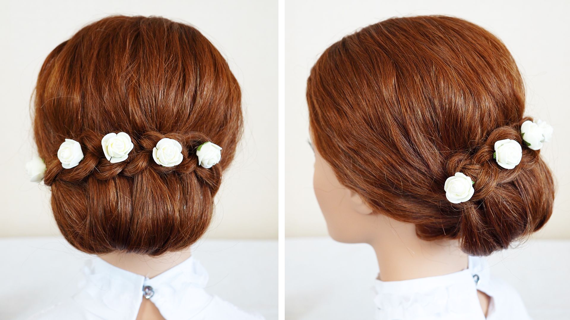 Вечерняя прическа из плетёной ракушки с украшениями из цветов. На праздничный вечер, торжество...