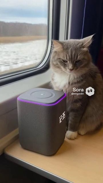 Умная колонка с Алисой и кот на столе в поезде