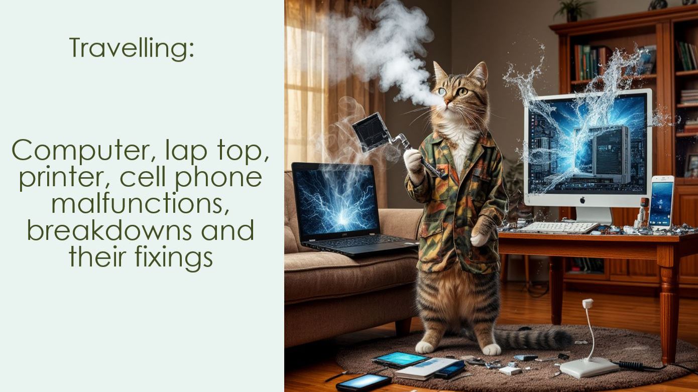 Story # 211 : Travelling : Computer, lap top, printer, cell phone malfunctions, breakdowns & fixings