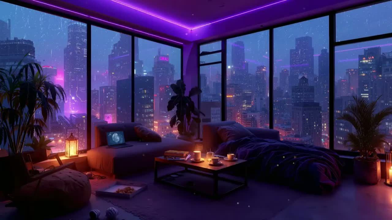 ☔️🌃 [2 ЧАСА] Lo-Fi под дождём: Ночная неоновая спальня для учёбы и работы