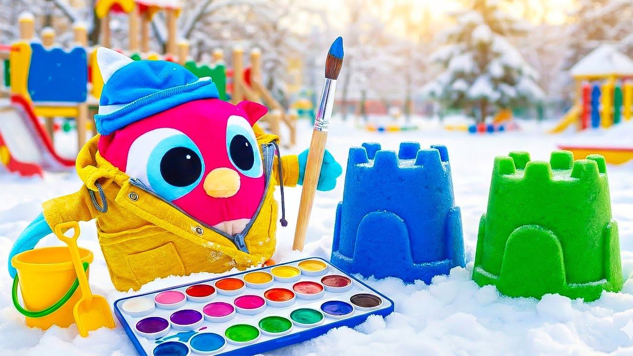 Совёнок Хоп Хоп лепит цветные фигурки из снега - Зимние игры для детей