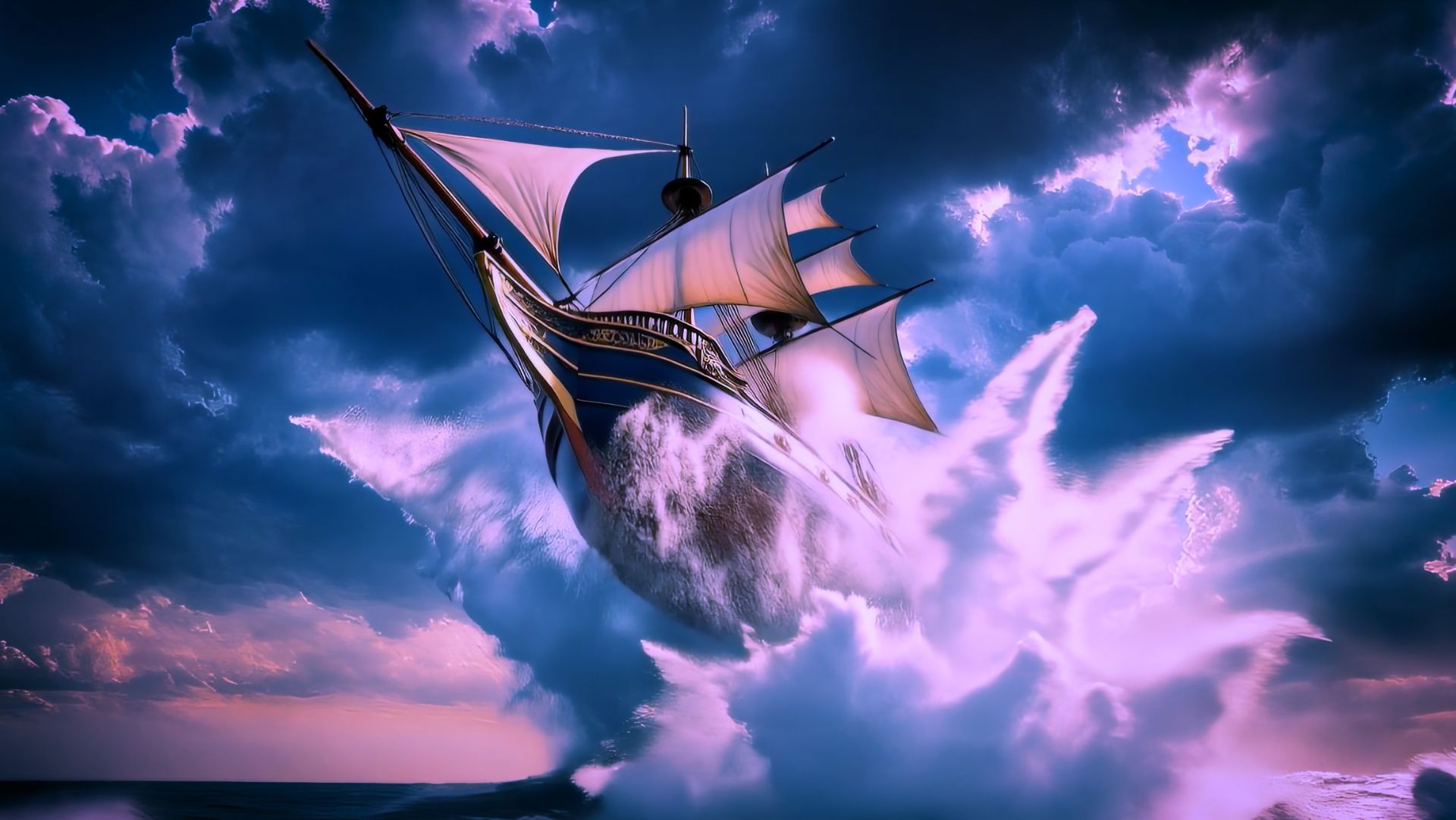 Парящий парусный корабль в бурном море. Floating sailboat in a stormy sea.