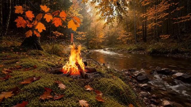 Уютный костер на берегу реки 🔥 Атмосфера осеннего леса 🍂Шум реки и потрескиван