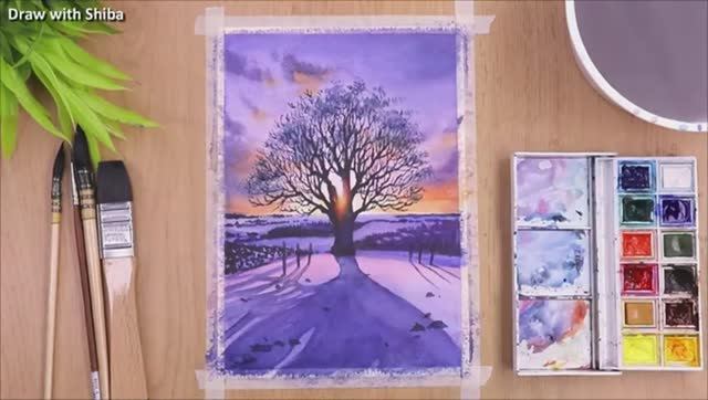 Мастер-класс по рисованию акварелью зимнего пейзажа на закате с деревьями