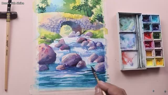 Мастер-класс по рисованию акварелью Каменного моста над ручьём: акварельный пейзаж с листвой