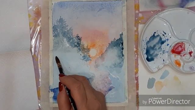 Зимний пейзаж акварелью.