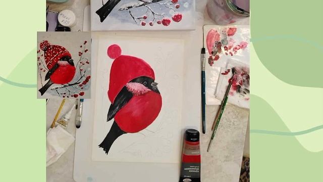 Снегирь в шапке.Акрил