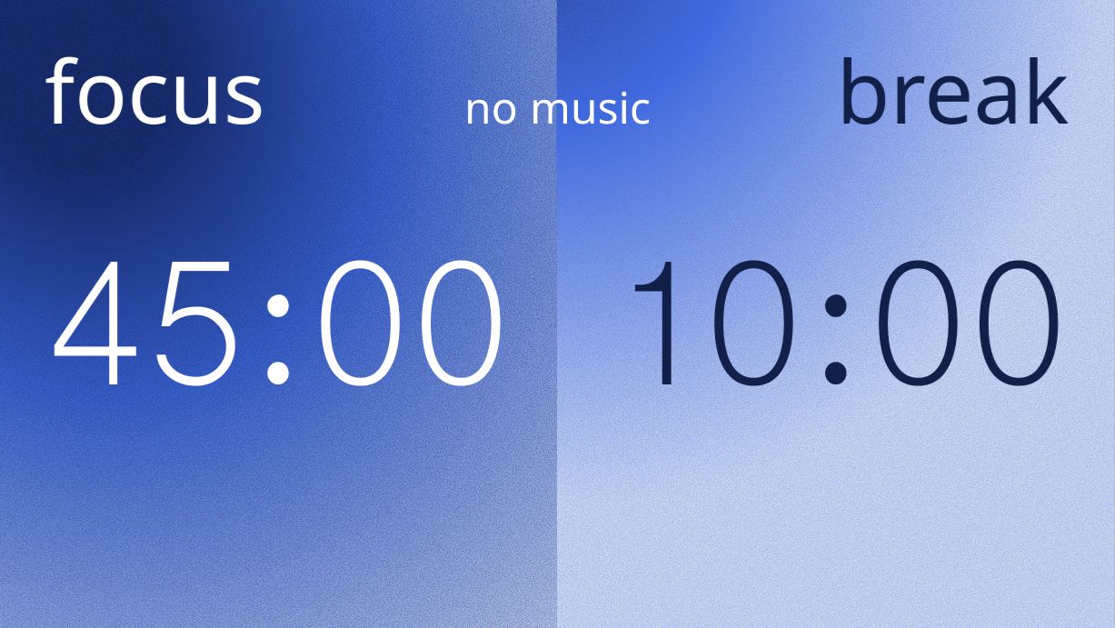 Таймер без музыки для концентрации | 45 минут работы, 10 минут отдых | Помодоро 45/10