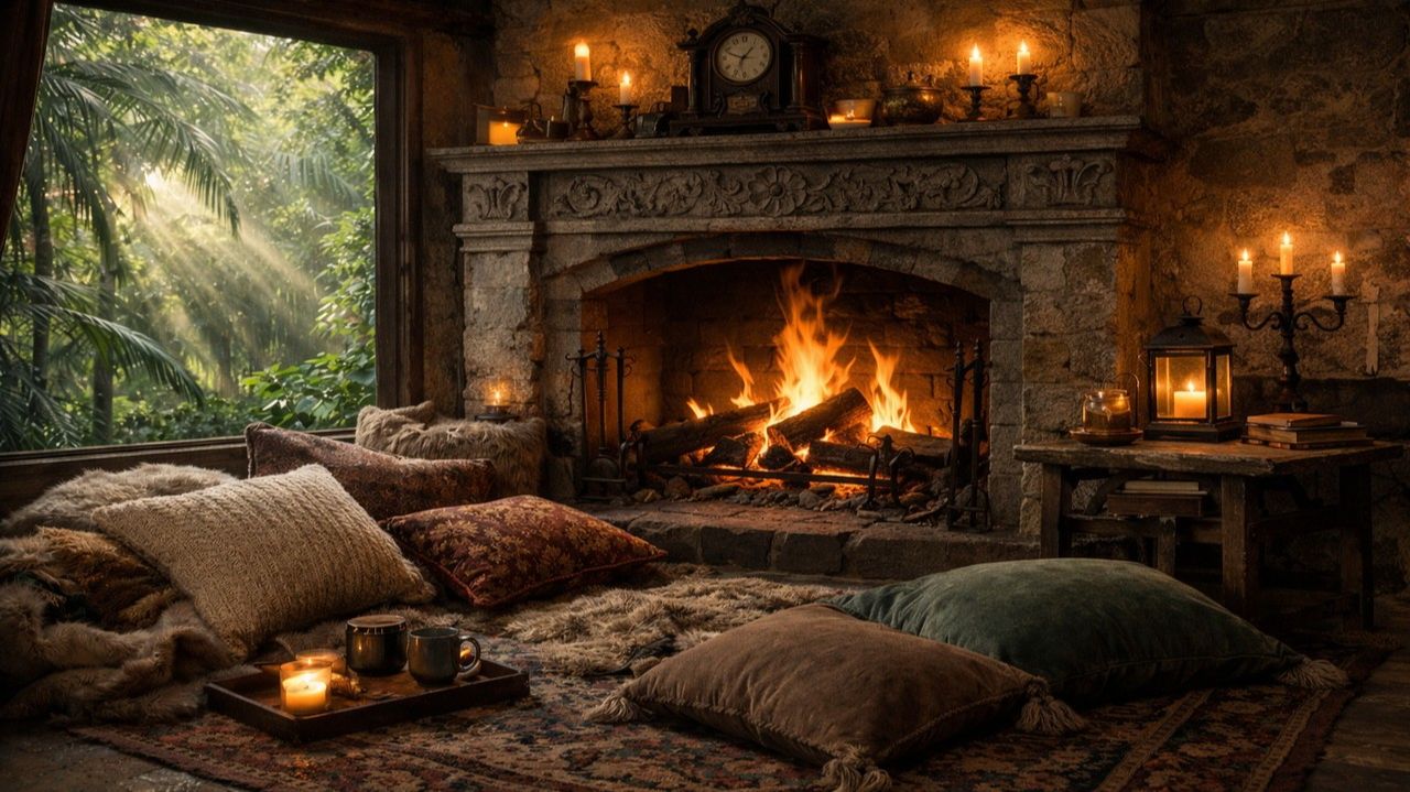 тропический камин с фоновой музыкой для отдыха. Relax