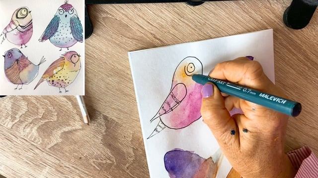 Урок рисования "Птички", акварель. Ведёт Марина Романченко. Рисуйте с нами в ссылка в описании