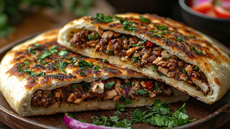 Лепешки с мясным фаршем и овощами под лимонно-чесночным соусом