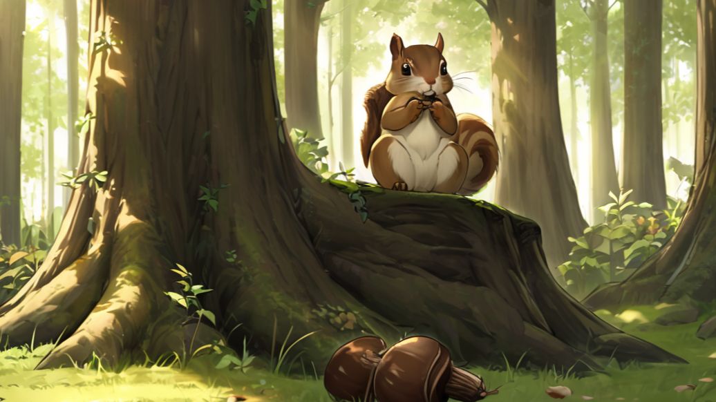 Белка сидит на пне в лесной поляне — короткий мультфильм