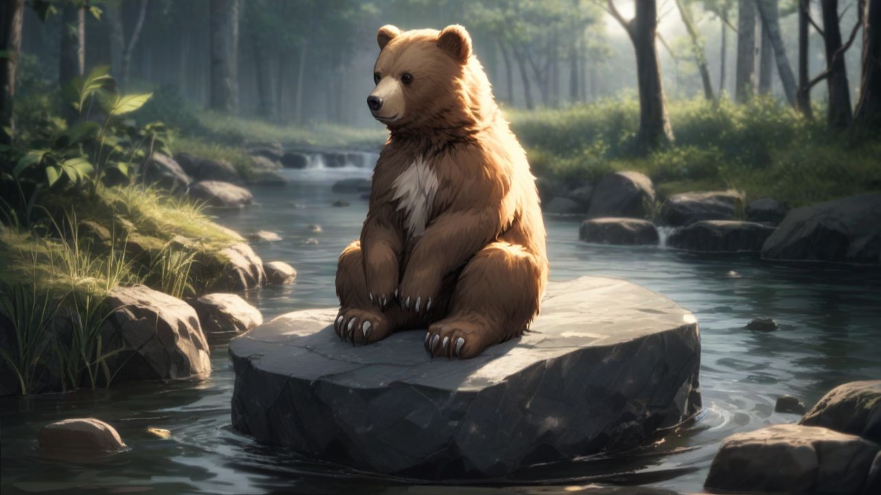 Медведь переворачивает камень у реки — короткий мультфильм