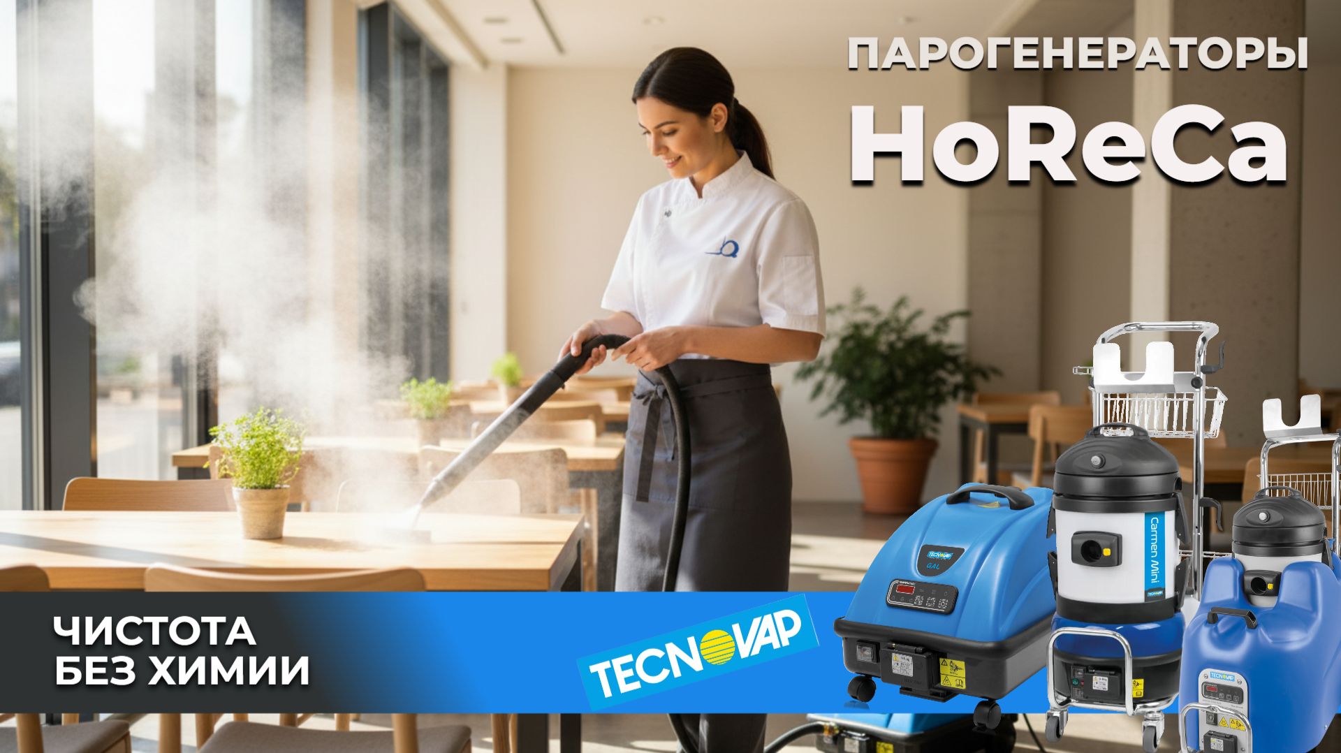Профессиональные парогенераторы TECNOVAP для сферы HoReCa - пароочистители для уборки отеля и кафе
