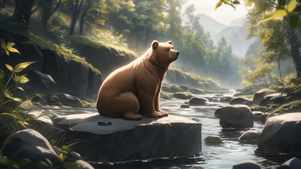 Медведь переворачивает камень у реки — короткий мультфильм