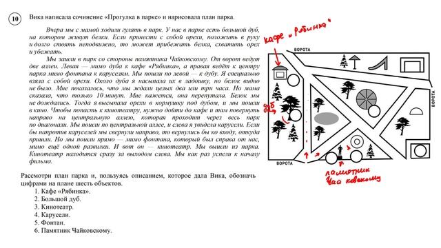 ВПР. Математика. 4 класс. Задание 10. Вика написала сочинение «Прогулка в парке» и нарисовала план