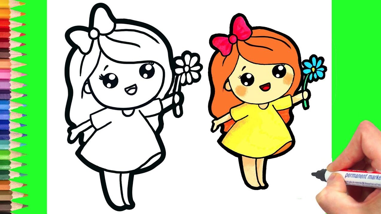 Мультик - раскраска для детей ДЕВОЧКА С ЦВЕТКОМ. Учимся вместе как нарисовать ДЕВОЧКУ / РИСОВАШКА ТВ