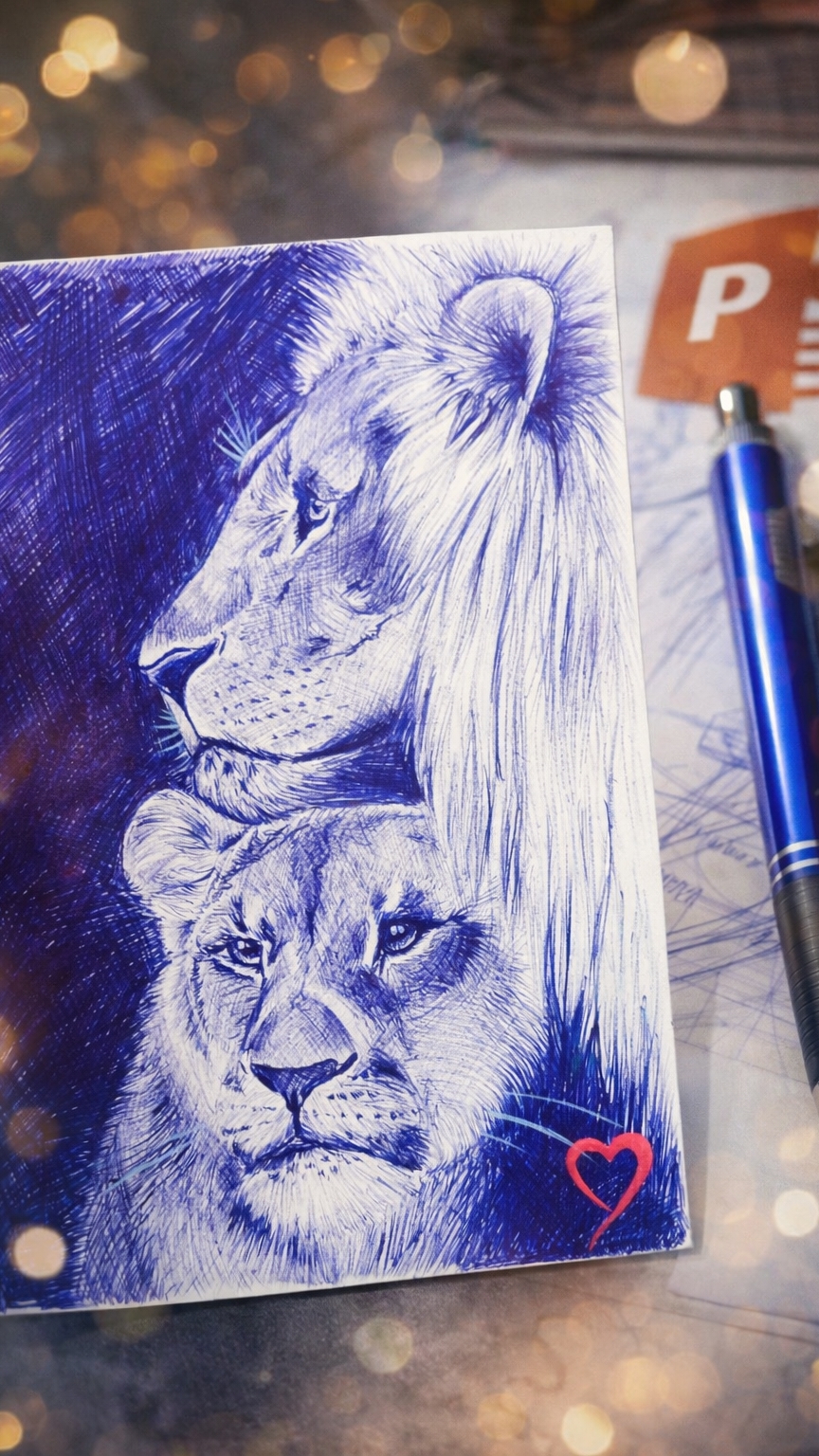 Львы шариковой ручкой | Реалистичный рисунок синей пастой 🦁🖊️