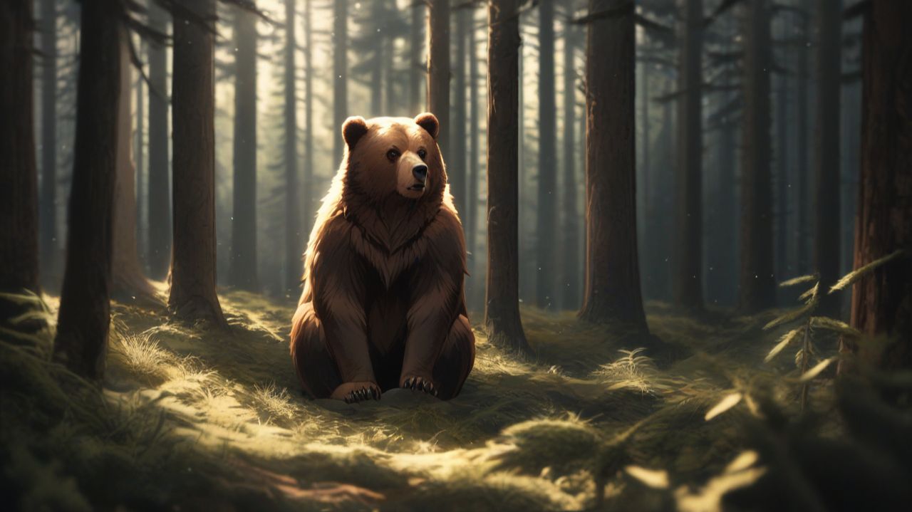 Медведь дышит в сосновом лесу — спокойная анимация природы