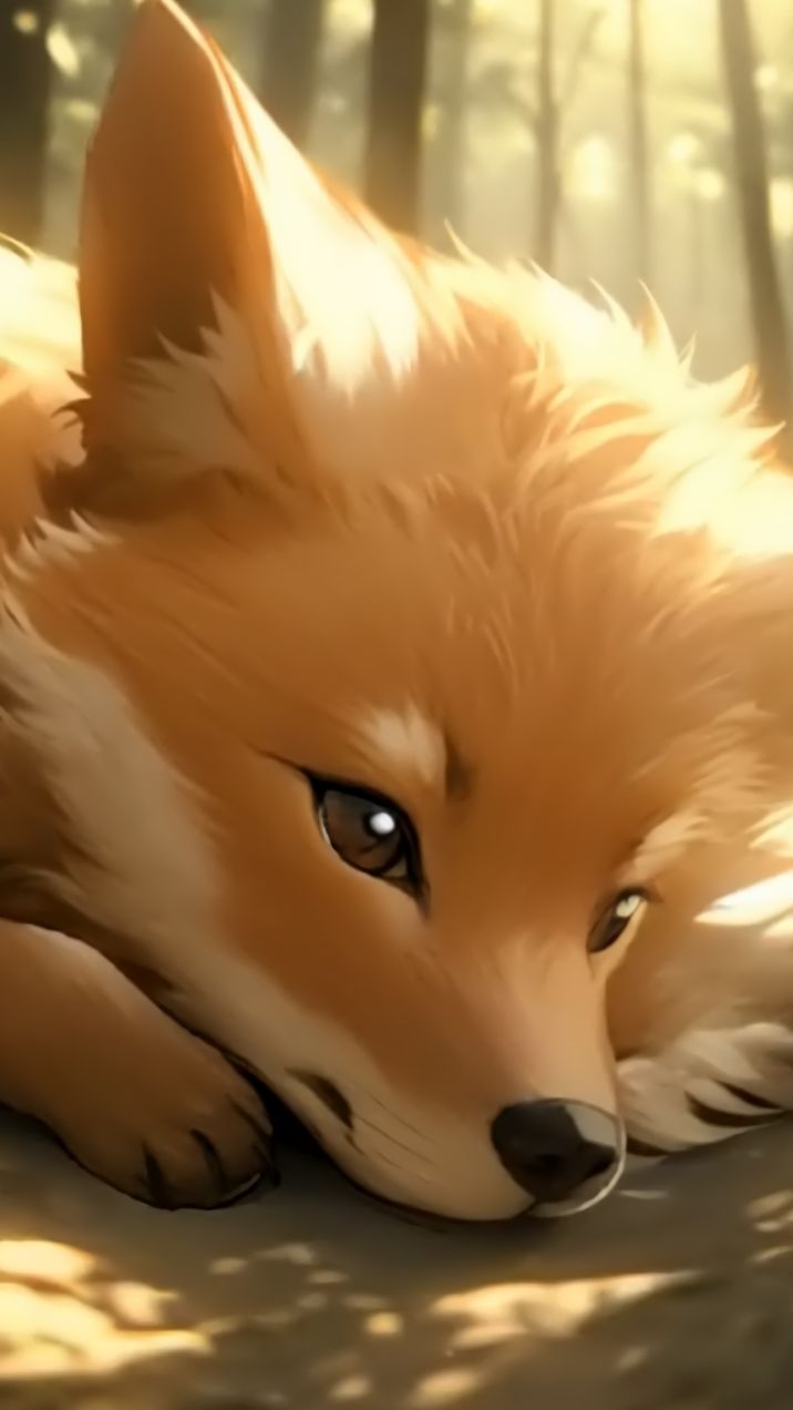 Лис лежит в лесном свете