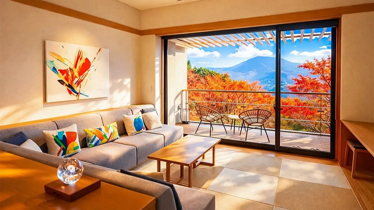 Японский рёкан в стиле ателье с открытой ванной в Хаконе, Каи Сенгокухара