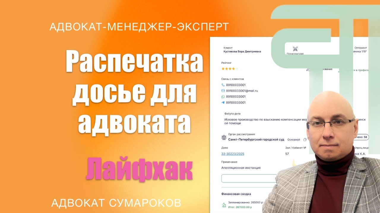 Распечатка досье клиентского дела адвоката