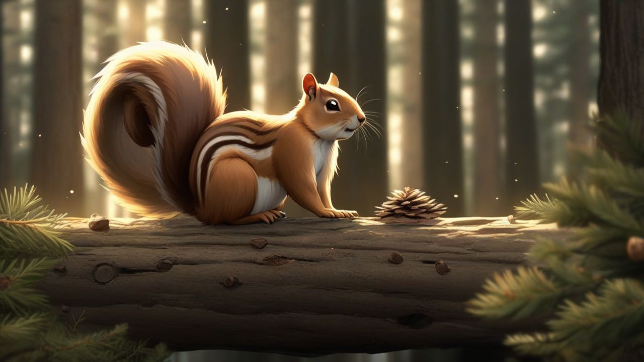 Белка машет хвостом на сосновом бревне — спокойная анимация природы