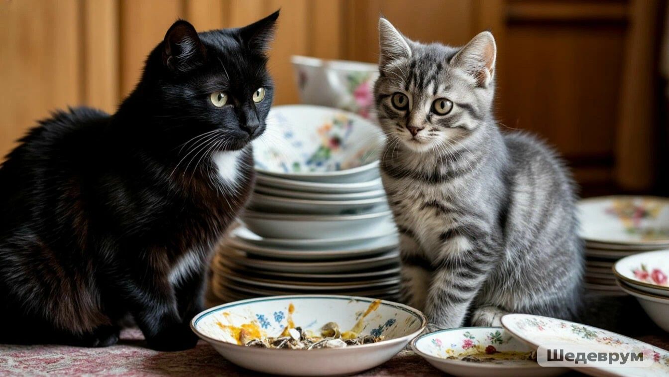 Кот или кошка моет посуду?!