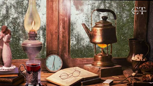 Звук кипящей воды и огонь. Ретро атмосфера дождя