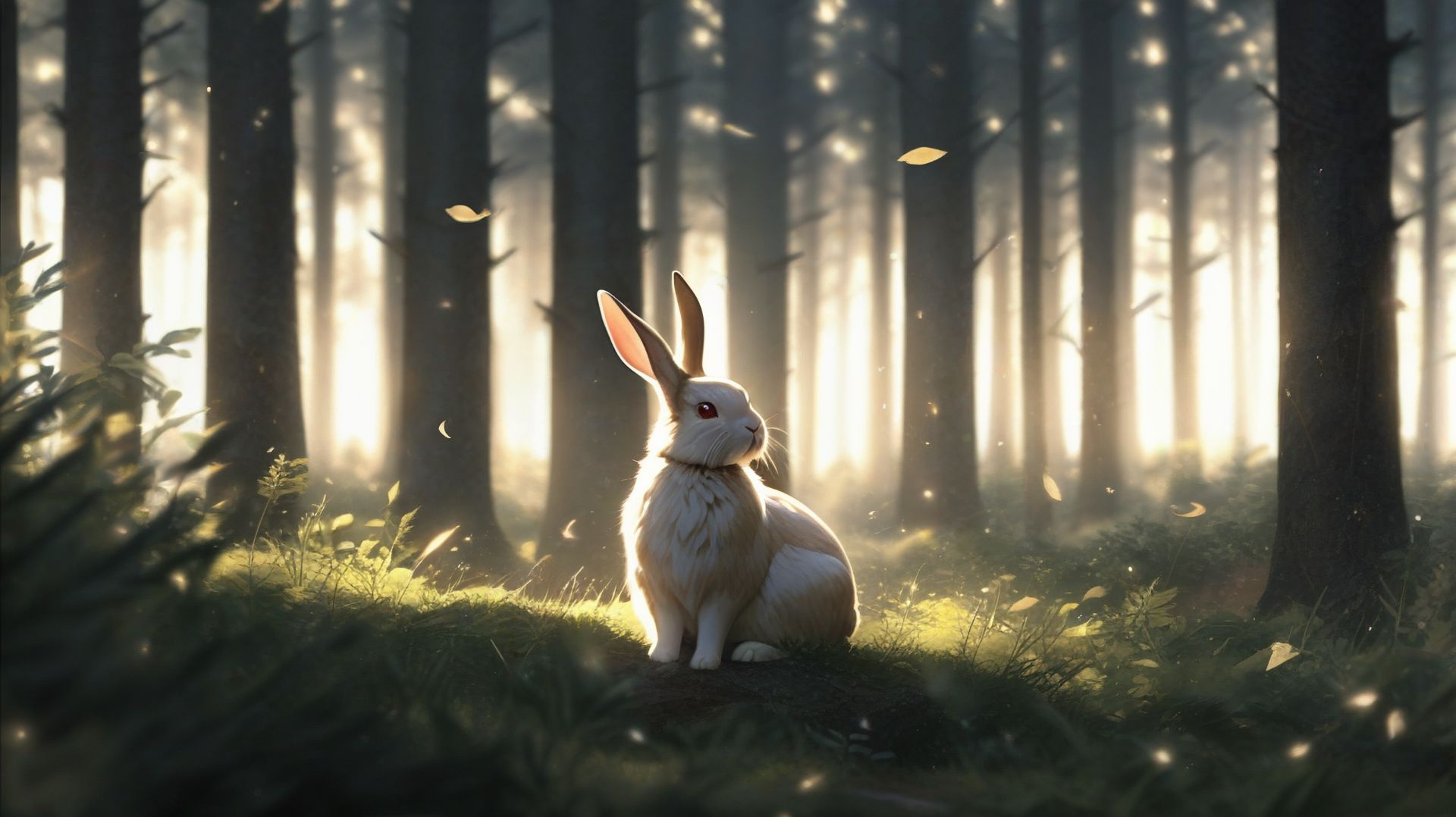 Кролик шевелит ушами в сосновом лесу — спокойная анимация природы