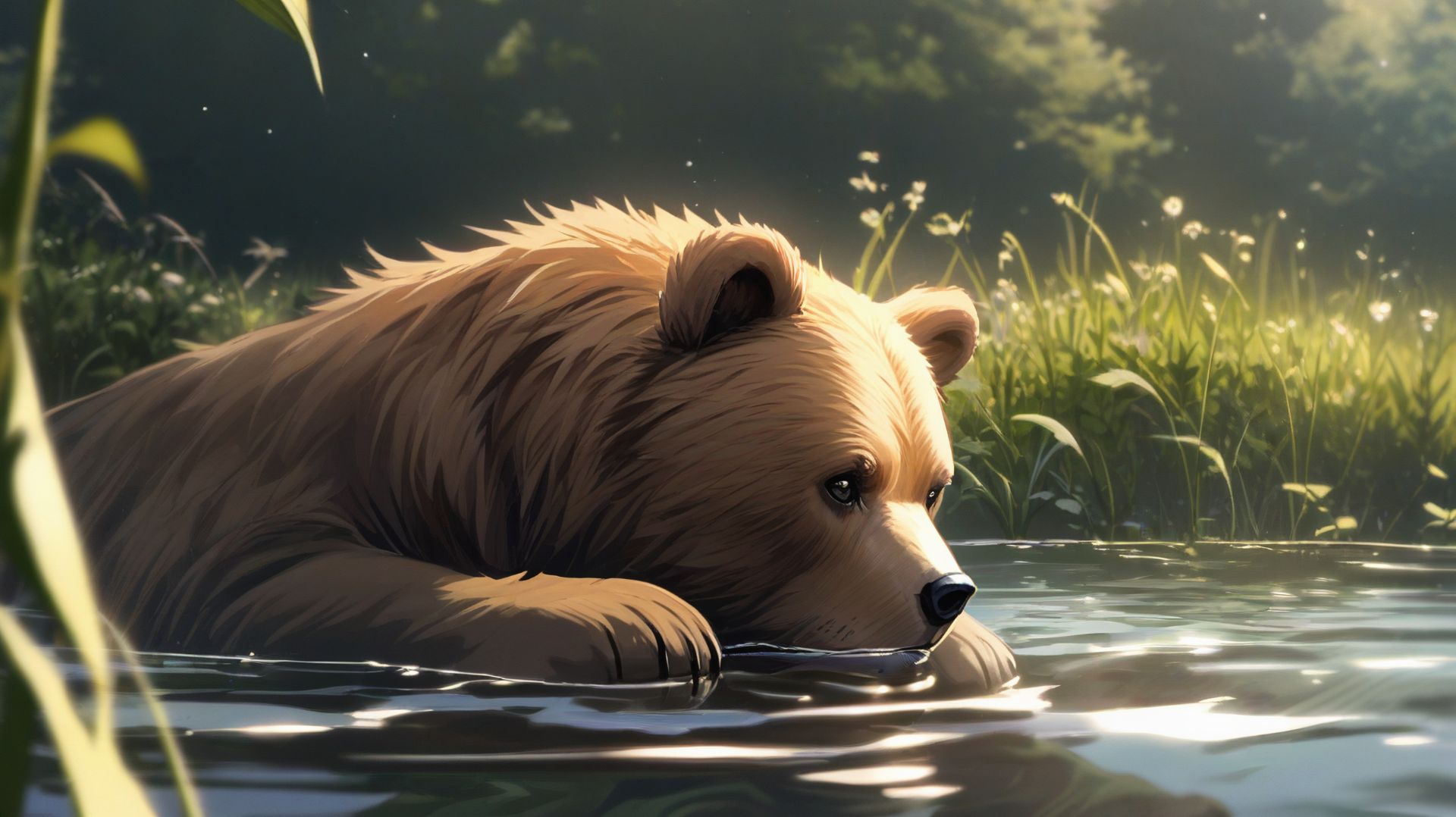 Медведь дышит у берега пруда — спокойная анимация природы