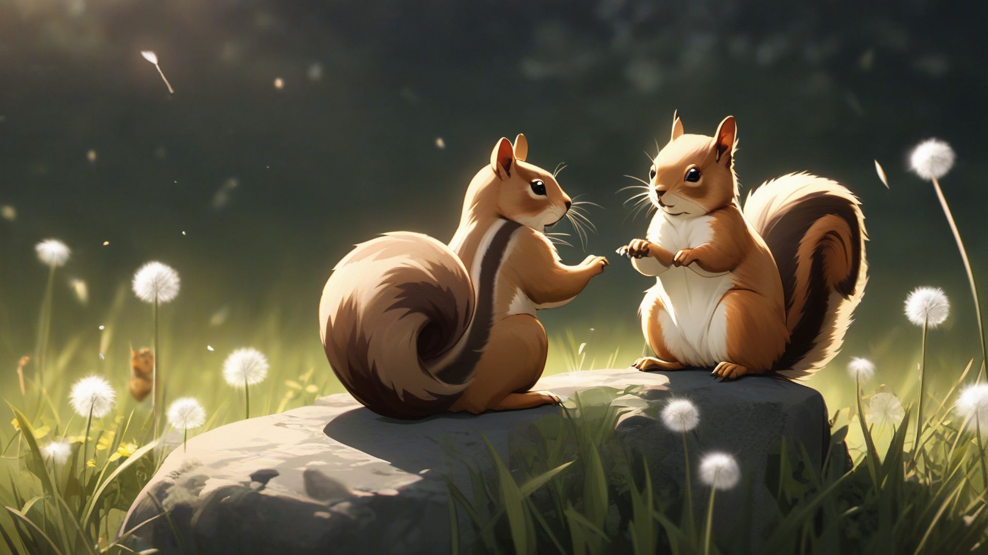 Белка подёргивает хвостом на камне в траве — спокойная анимация природы