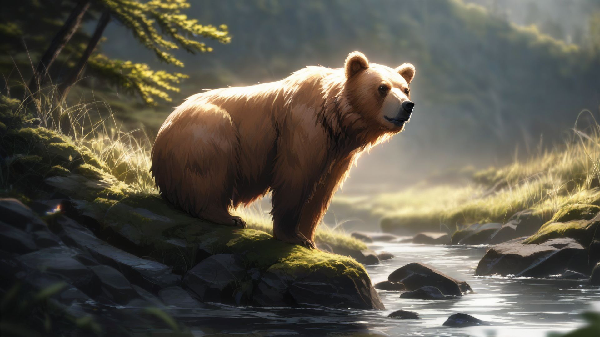 бурый медведь у реки — спокойная анимация природы