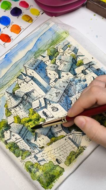 Рисуем сказочный город акварелью и карандашами