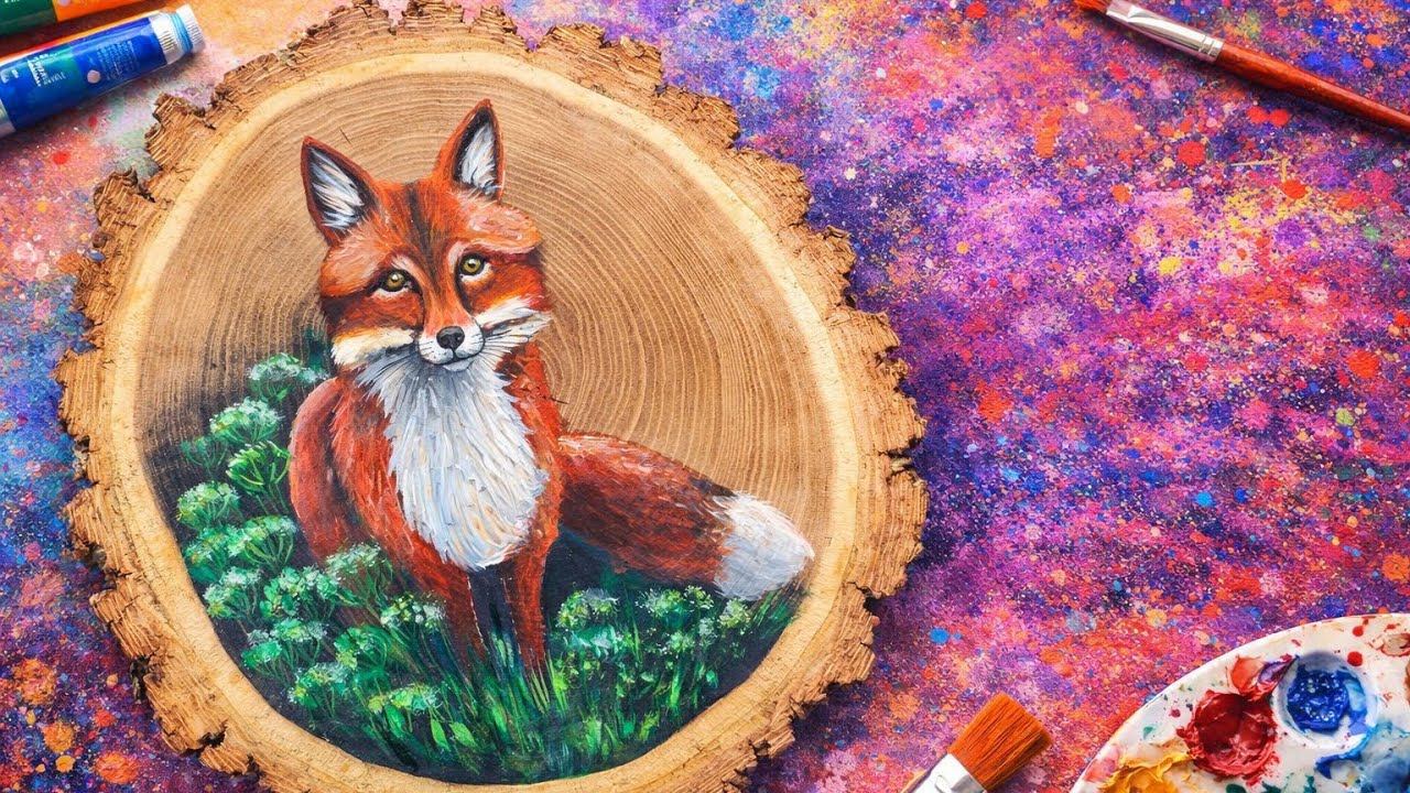 Процесс рисования: лиса акрилом на спиле дерева 🦊🎶