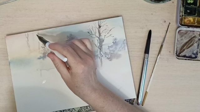 Зимний пейзаж акварелью часть 1